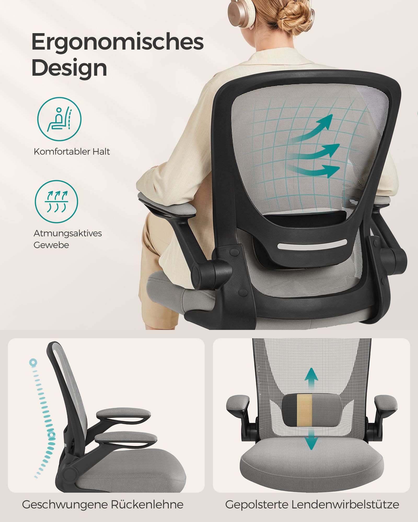 Ergonominė biuro kėdė su ergonomine supimo funkcija, porankiais ...